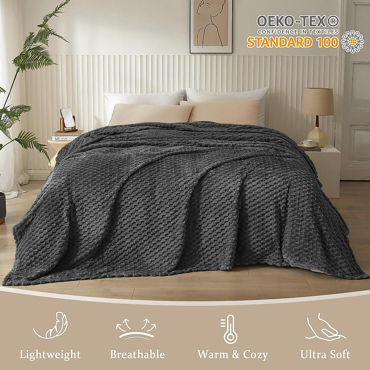 PHF Ultra Soft Flannel Fleece Blanket King Size, Lightweight 3D Jacquard Fleece Blanket, No Shedding, No Pilling, Luxury 340GSM Fluffy Cozy Blanket for Bed, Couch, 108"x90", Dark Grey