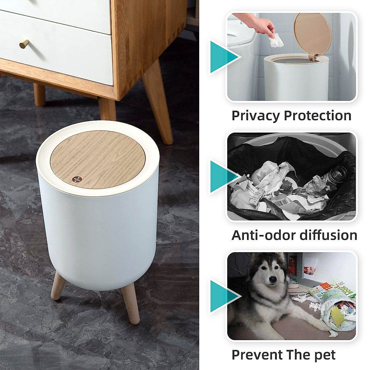 WDPUCHU Bathroom Trash Can with Lid,1.8 Gallon Modern Office Trash Can for Near Desk Bedroom Garbage Can Waste Basket with Push Top,Nordic Small Trash Bin for Living Room,Nursery,Dog Proof Trash Can