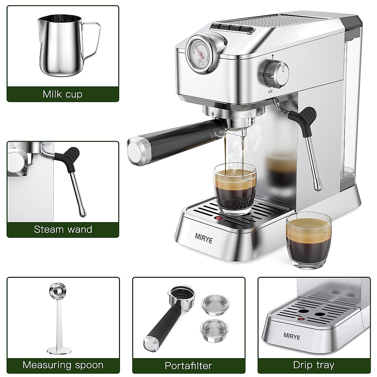 MR MIRYE Espresso Machine, 20 Bar Stainless Steel Espresso Maker Silver Coffee Machine for Home or Office With Removable Water Tank, Measuring Spoon, Brewing Filter, Milk Cup, Milk Frother Steam Wand