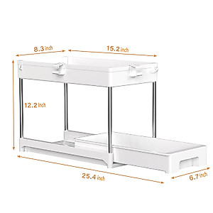 RIAAJ Kitchen Sink Shelf Pull Out Under Sink Organiser and Storage 2-Tier Sliding Cabinet Basket Organizer Drawers Bathroom Cabinet Organiser with Hooks for Desktop Kitchen Sink Organizer, White