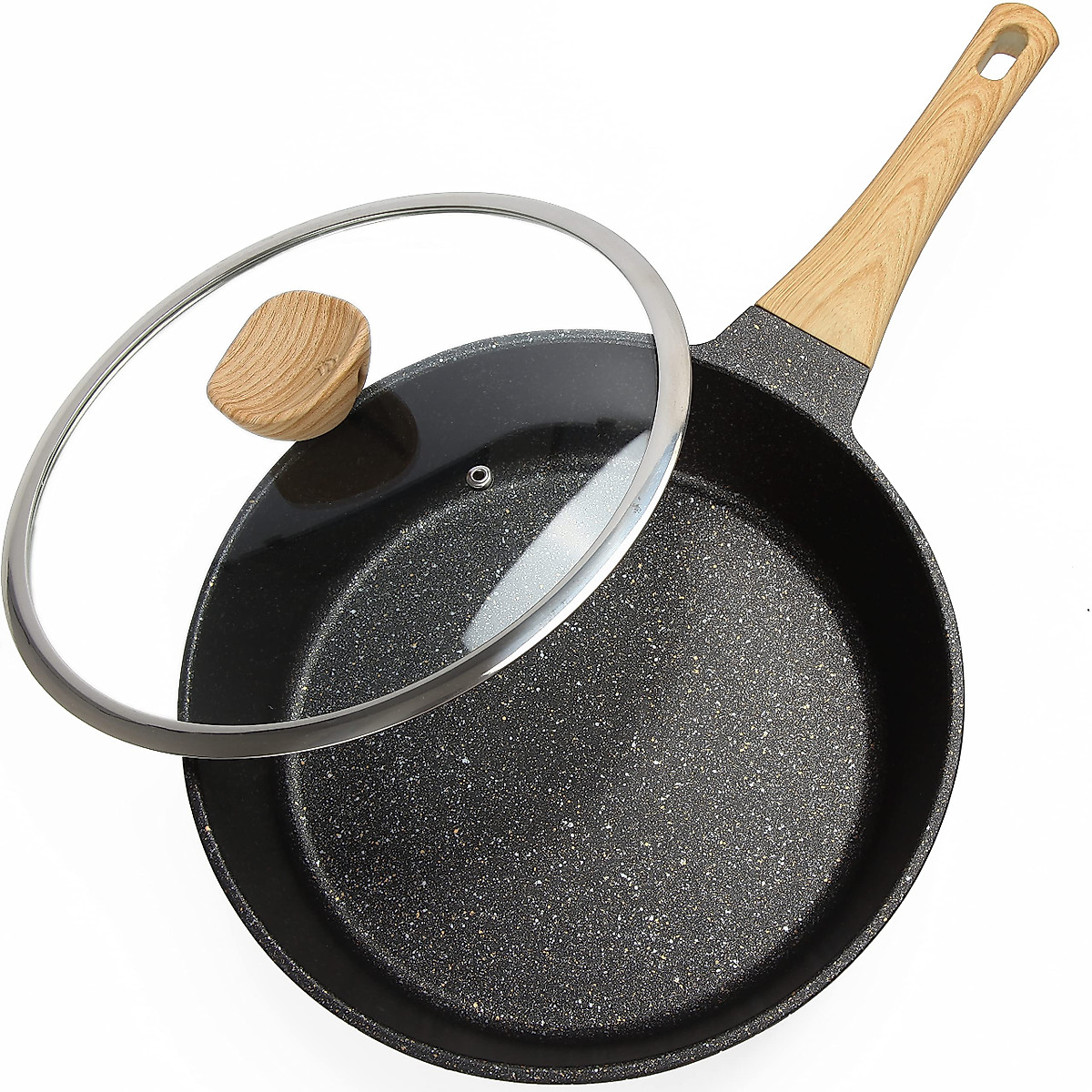 TAMASAKI 11 Inch Nonstick Medical Stone Skillet No Fumes Frying Pan Household Nonstick Cookware Stone-Derived Coating with Glass Lid Black
