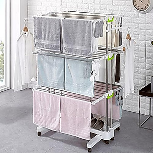 GAENZA Multifunctional Clothes Drying Rack Mobile Landing Folding Stainless Steel Double Pole Lifting Drying Rack Drying Rack Storage Indoor and Outdoor Simple