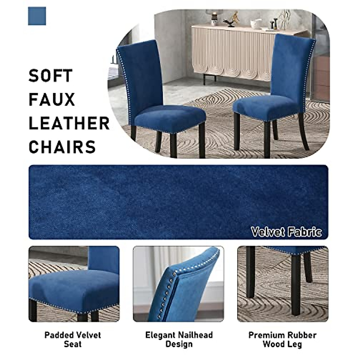 DEINPPA 7 Piece Kitchen Table Set with 1 Faux Marble Rectangular Table and Dining Chairs Set of 6 for Dining Room and Living Room (Blue)