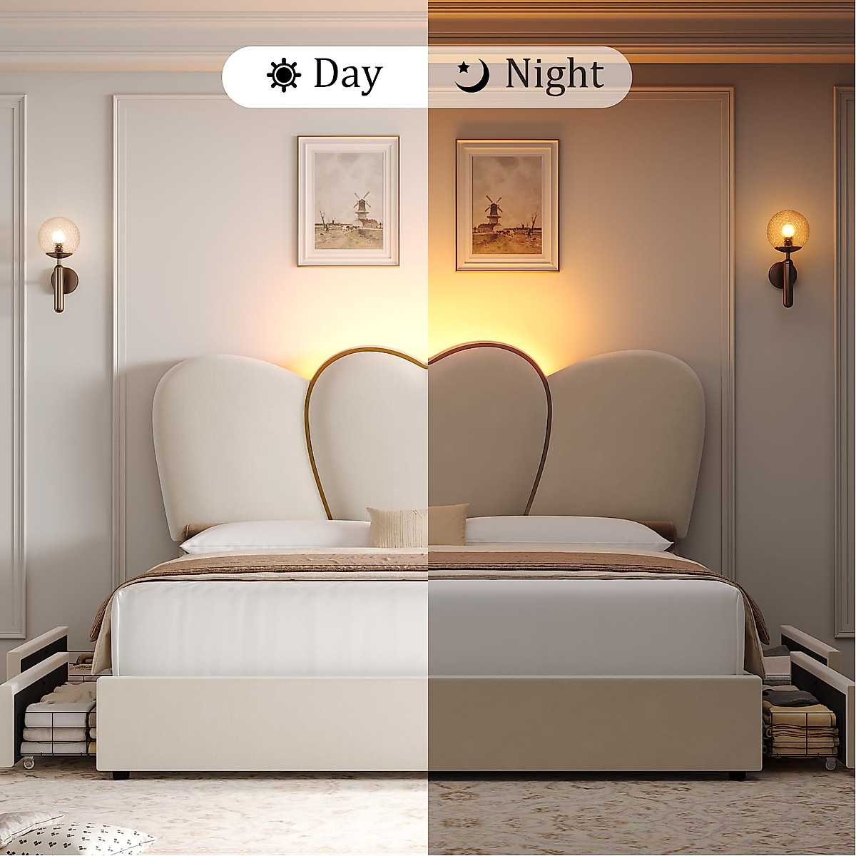 HITHOS King LED Bed Frame with 4 Storage Drawers, Modern Velvet Upholstered Platform Bed with 55" Tall Heart Shaped Headboard, Solid Wooden Slats Support, No Box Spring Needed, Metal Trim, Beige