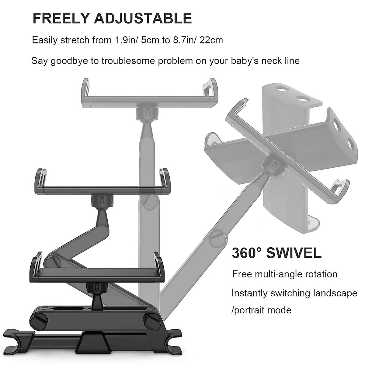 Timewall Car Headrest Tablet Mount, Backseat Seat Universal Tablet Cell Phone Holder 360° Swivel Rotating Angle Adjustable Stretchable for iPad iPhone, Samsung, Switch, 5-11" Tablet Phone Black