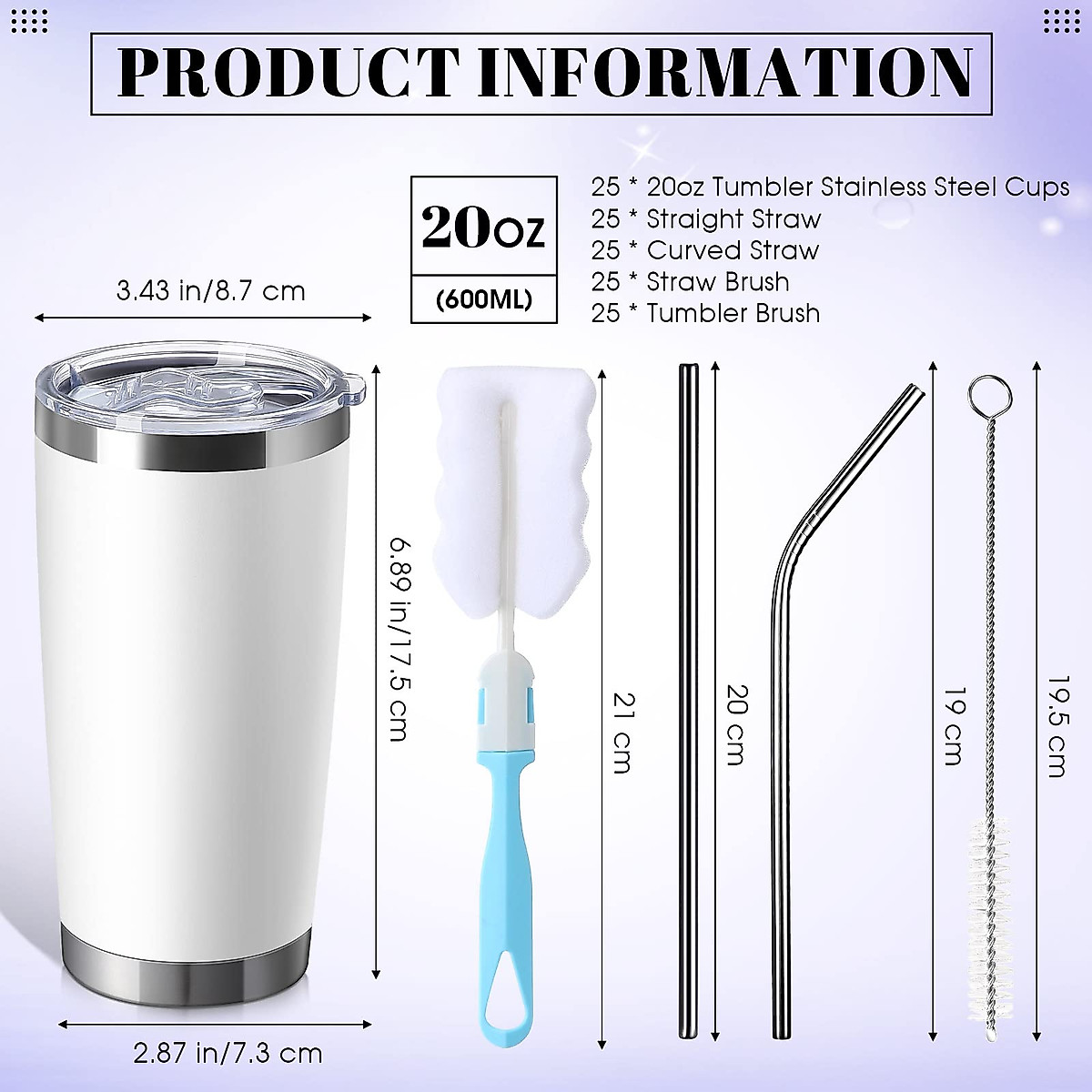 Sieral 25 Pieces 20oz Tumbler Bulk Stainless Steel Cups Double Wall Vacuum Insulated Travel Mug Bulk Stainless Steel Tumblers Lid and Straw Powder Coated Coffee Cups for Cold and Hot Drinks (White)