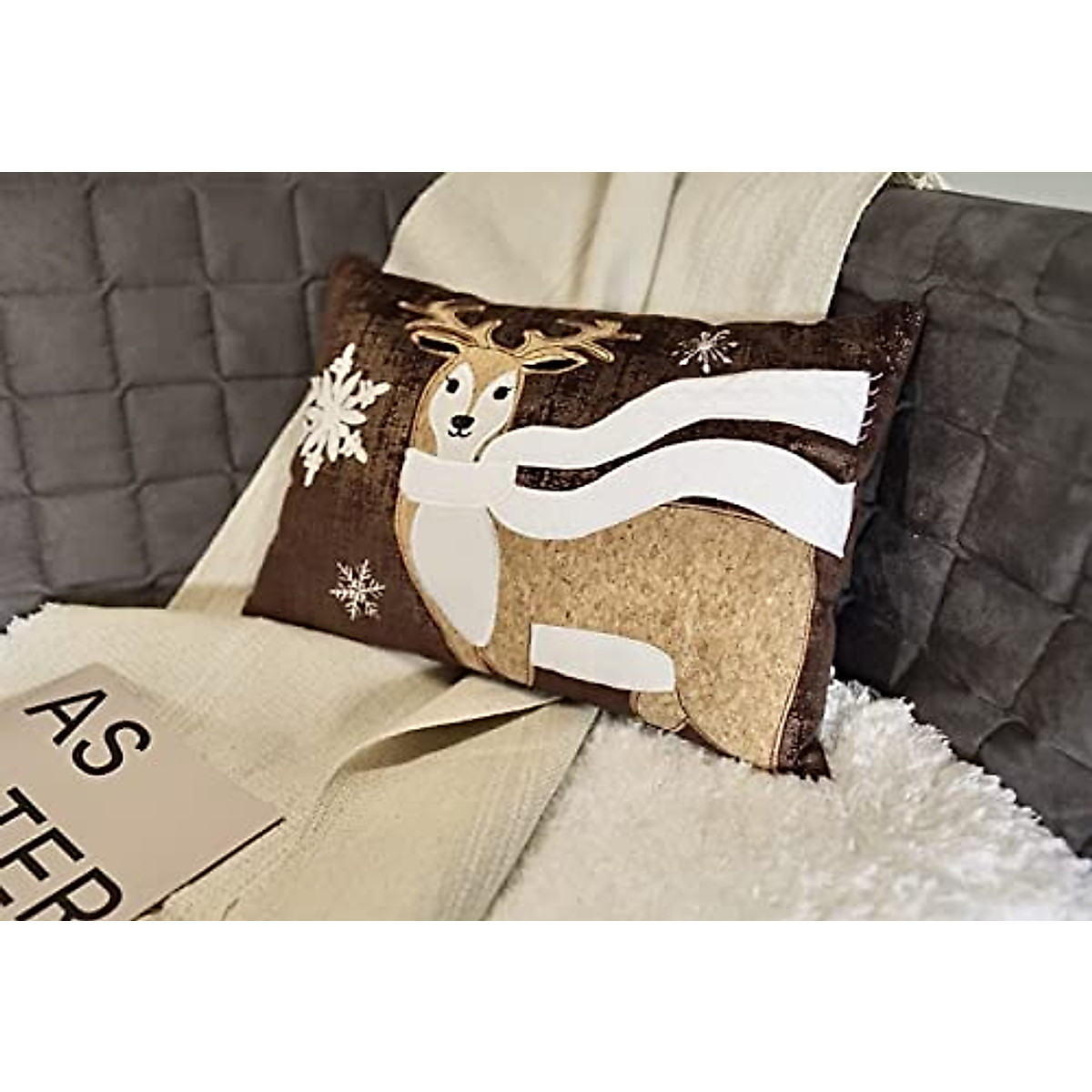 Comfy Hour Wood Reindeer with Scarf and Snowflake Throw Pillow, 18-inches(Length), Brown, Polyester Wildlife Collection