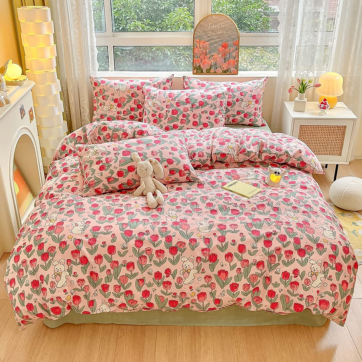 LIWHENHAO Rabbit Duvet Cover Set Queen 100% Cotton Bedding Cartoon White Bunny Red Flower on Pink 1 Cute Comforter Cover Full Zipper Closure 2 Pillowcases for Kids Girls Boys Woman