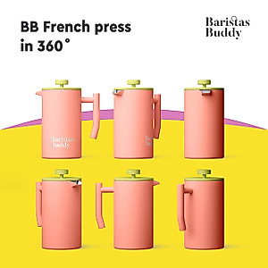 BaristasBuddy Cute Pink French Press Coffee Maker - Colorful, Retro And Stylish Insulated Coffee Brewer - Large Size Brews 4 Cups