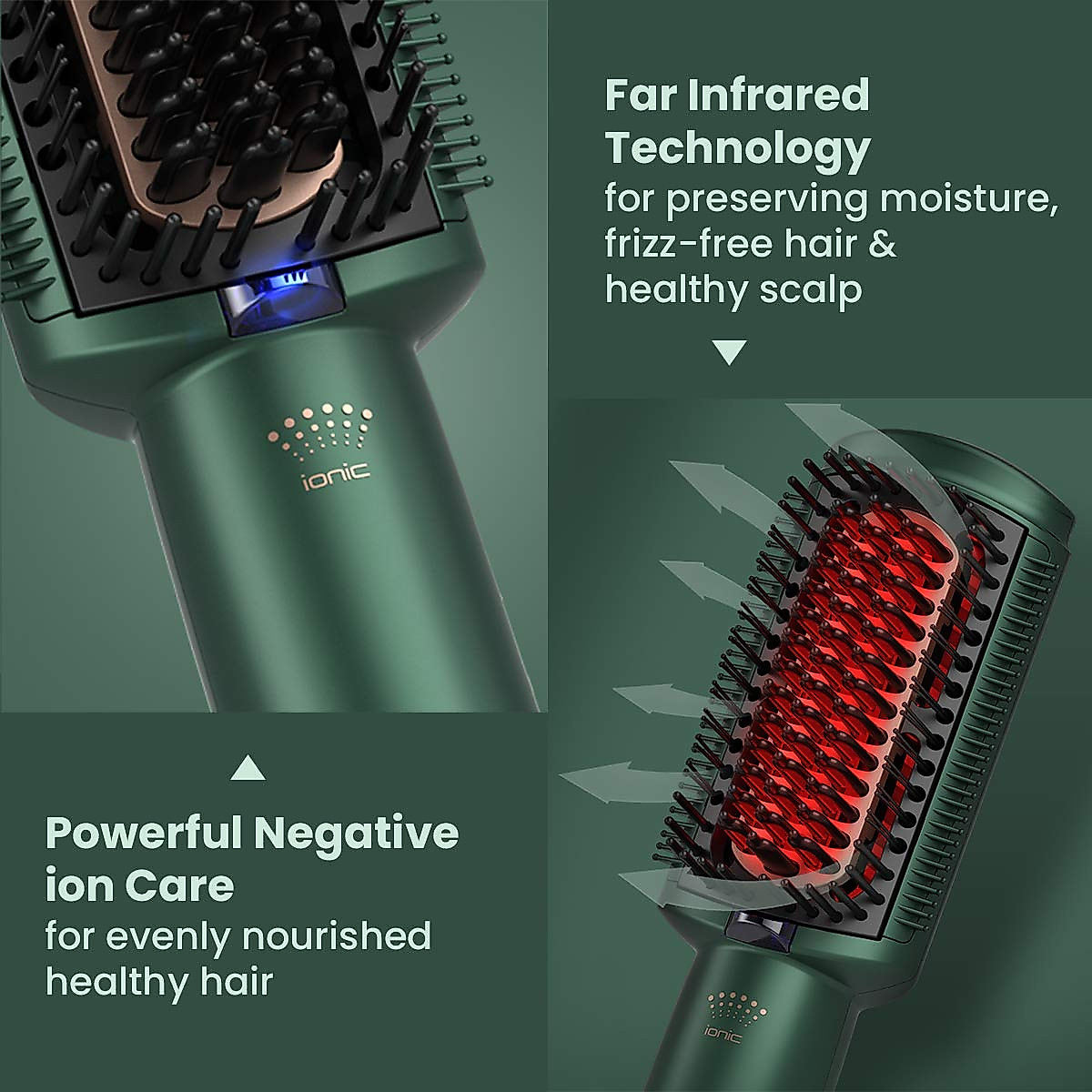 LENA Hair Straightener Brush Dryer PRO Blow Dryer Hot Air Brush - Anti-Scald Straightening Iron Comb Styler with Extra Ion Care, Far Infrared Heating and 3 Modes for Long & Medium Length Hair, Green