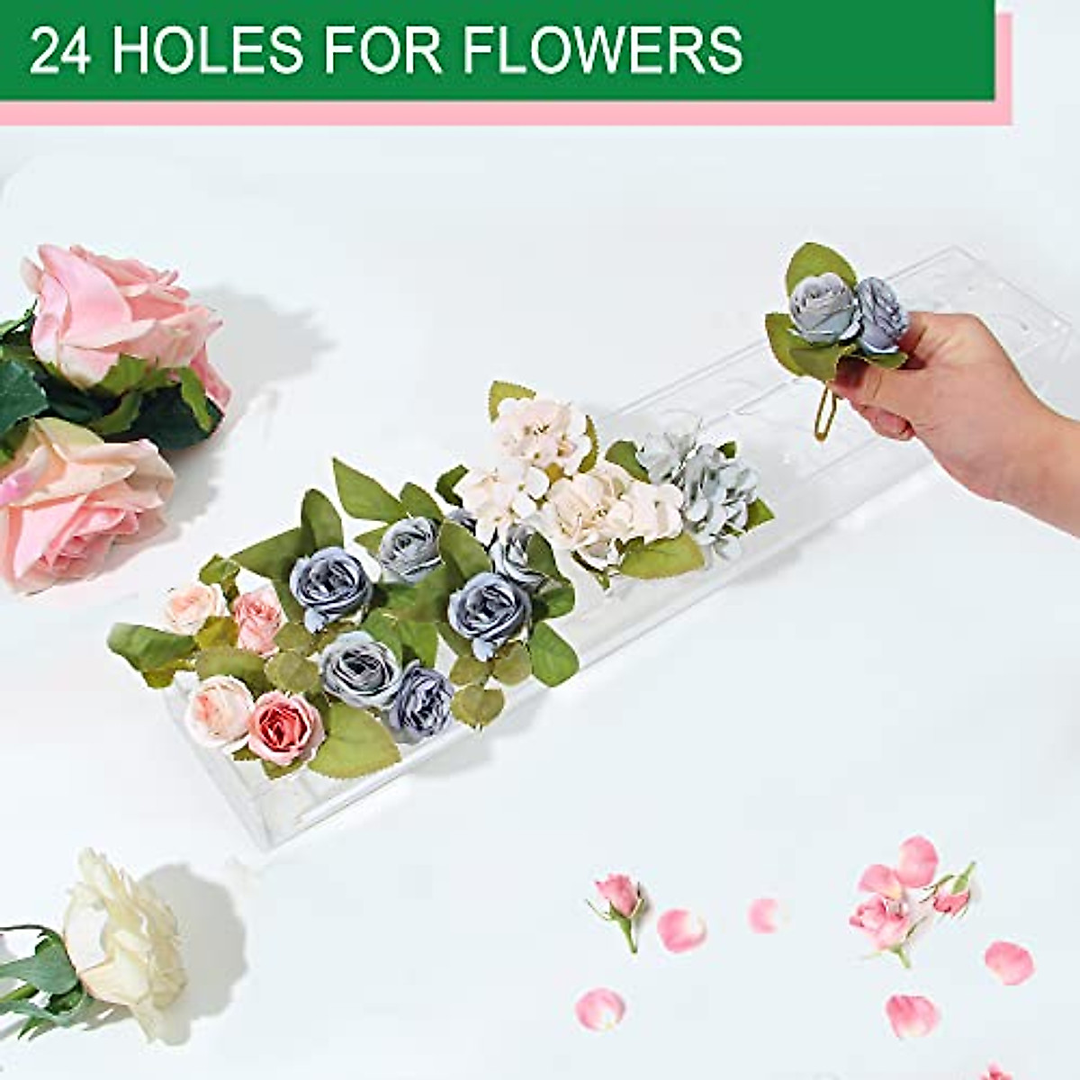 Rectangular Acrylic Vase, Clear Acrylic Flower Vase, 24 Inch Long Decorative Modern Vase for Weddings Home Decor, Rectangular Floral Centerpiece Flower Vase for Dining Table (24 Inch with 24 Holes)