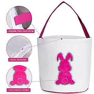 SANRUIHE Easter Basket Bunny Bags, Easter Egg Hunt Basket for Kids, Canvas Tote Candy Gifts Bags for Boys and Girls, Printed Fluffy Paillette Rabbit Bucket for Easter Decorations