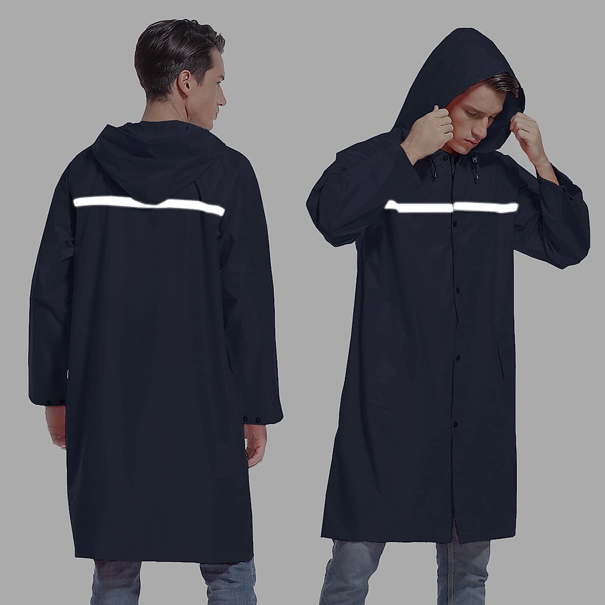 Mens Long Hooded Safety Rain Jacket Waterproof Emergency Raincoat Poncho(Navy,XL)