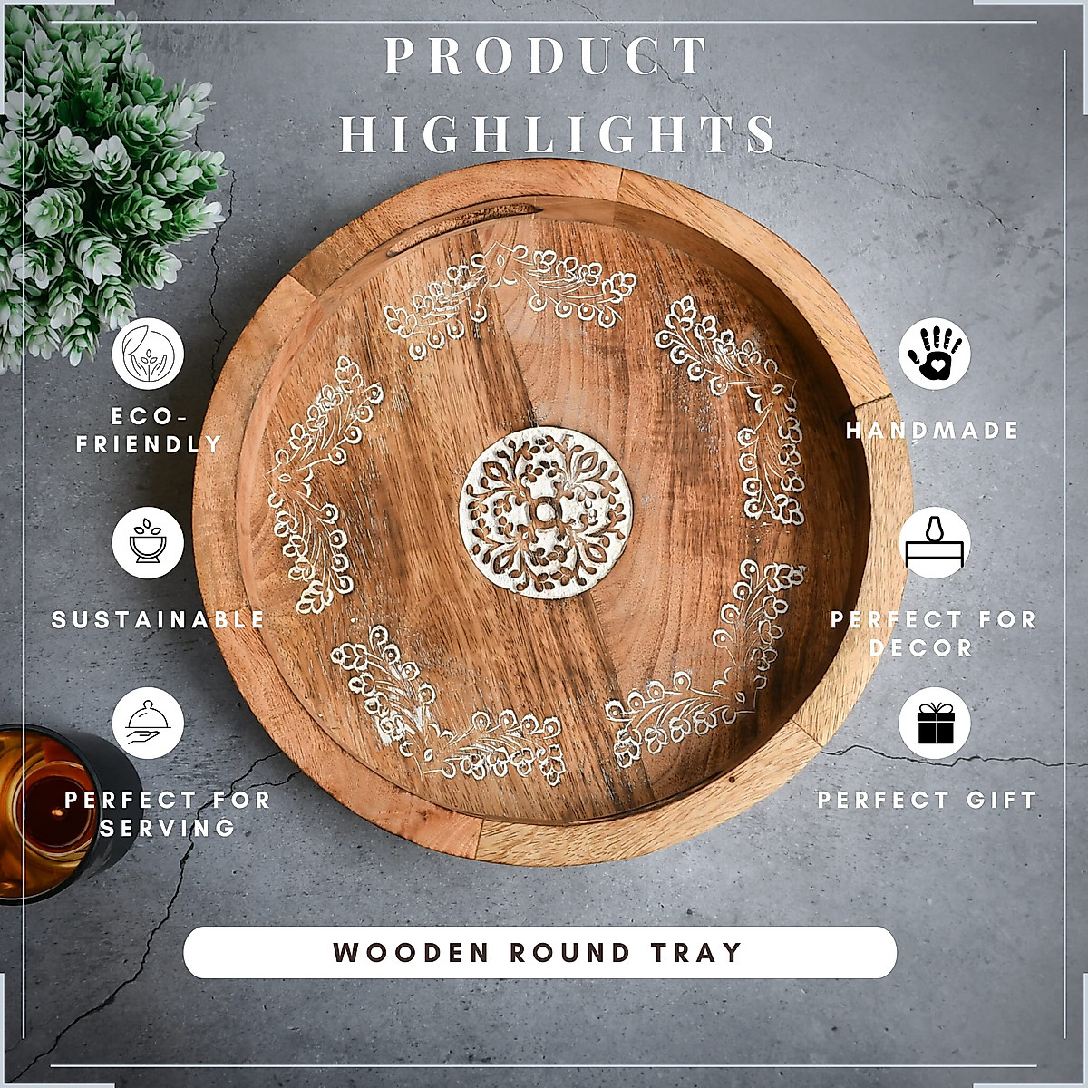 ARIJA Rustic Round Wooden Trays,Serving Tray with Handles - Food Serving Trays Ottoman Tray for Living Room- Rustic Home décor, Boho Décor Serving Tray Size 12 inch