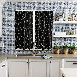 Gold Snowflakes Kitchen Curtains 63 Inch Length, Rod Pocket Light Filtering Window Curtains for Living Room Bedroom Drapes Cafe Curtains Window Treatment Seasonal Winter Christmas Black Backdrop