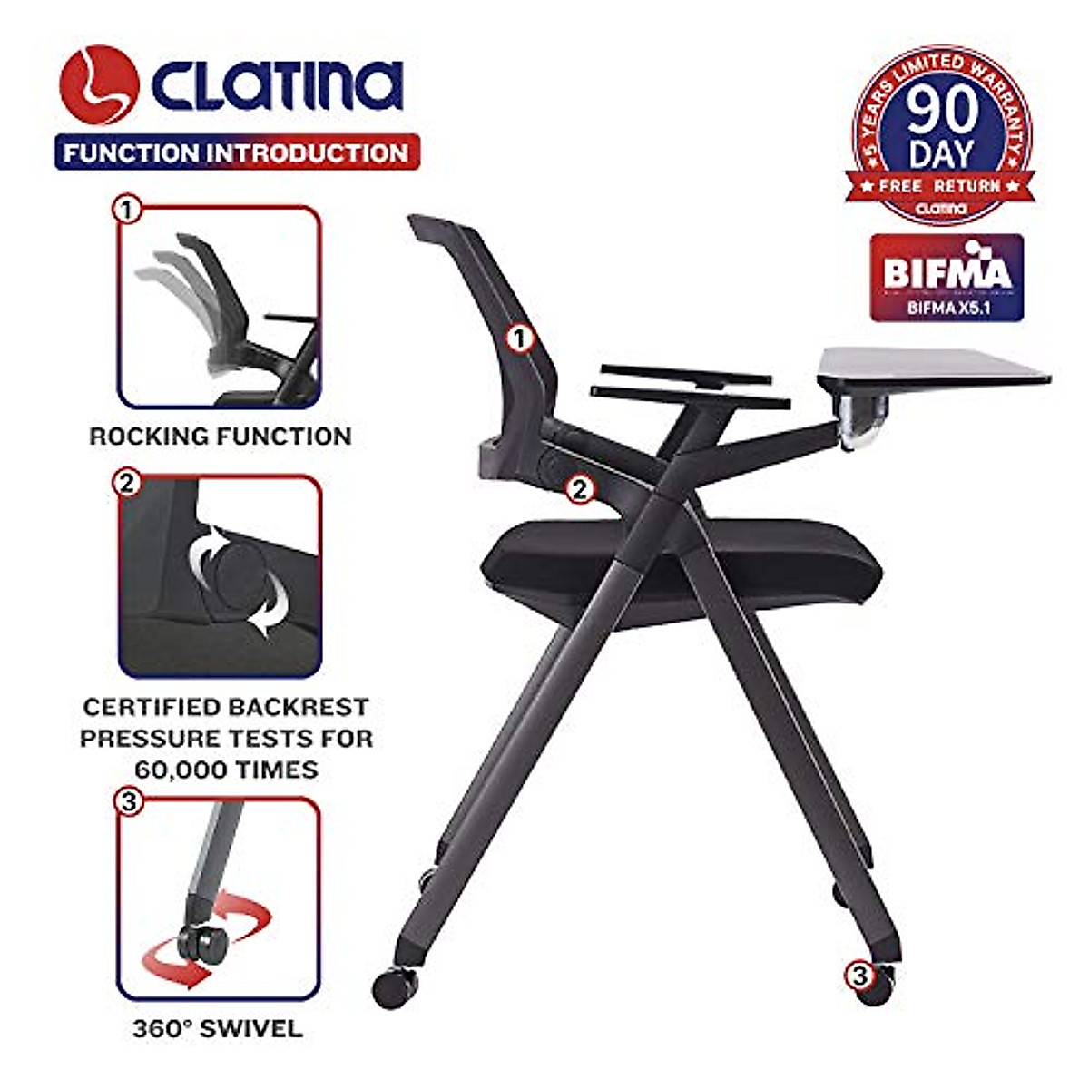 CLATINA Tablet Arm Chair with Caster Wheels Mesh Guest Nesting Stacking for Office School Classroom Training Conference Waiting Room Black