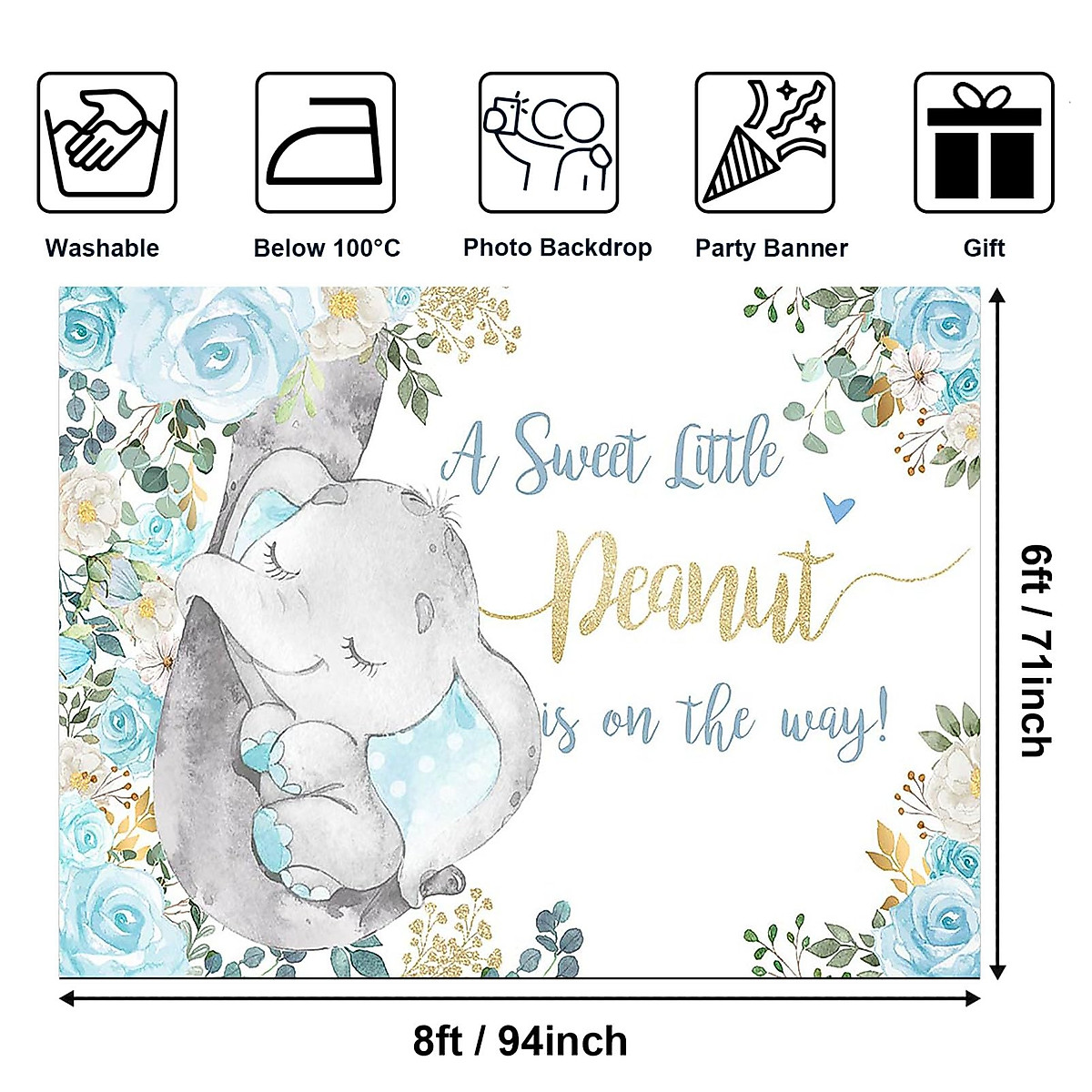 Avezano Boy Elephant Baby Shower Backdrop Blue Floral Rpse Jungle Elephant Baby Shower Background Vinyl Blue and Gold Elephant Baby Shower Party Decorations Backdrops for Boys (8x6)