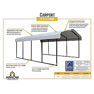Arrow Carports Galvanized Steel Carport, Full-Size Metal Carport Kit, 12' x 29' x 7', Charcoal