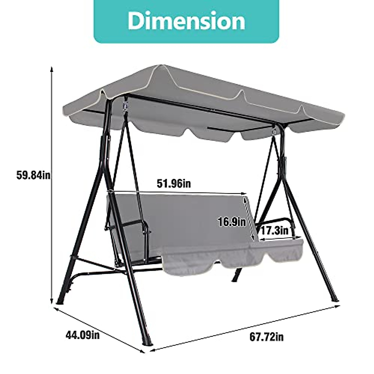 Funny Sunny Outdoor Patio Swing Chair with Canopy,3 Seater Porch Swing Chair with Adjustable Canopy and Removable Cushion for Patio Garden Poolside Balcony Backyard, Grey