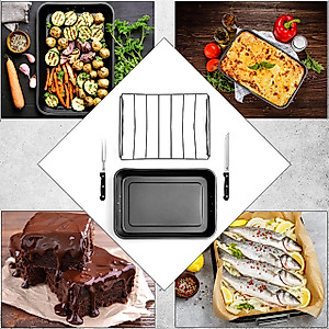 Moss & Stone Carbon Steel Roaster Pan With “V” Shape Removable Roasting Rack Set, 16.5 Inch Rectangular Nonstick Roasting Pan, Turkey Roaster Pan Rack With Carving Fork & Chef Knife