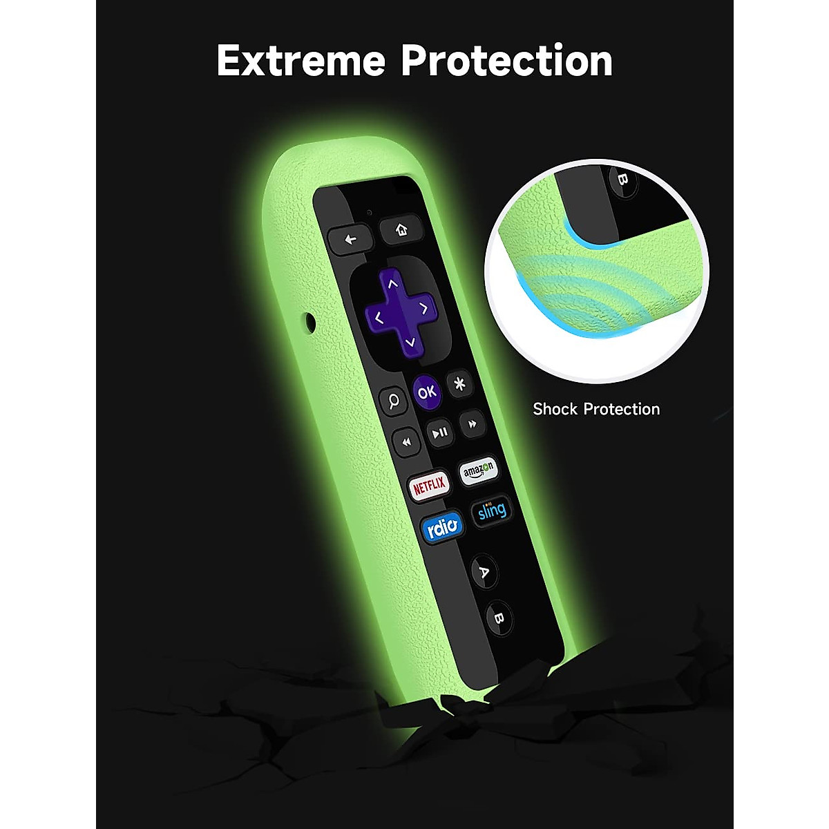 Roku Gaming Remote Case SIKAI Shockproof Protective Case for Roku 3 (4230 and 4200) Roku 2 (4210) RC54R Enhanced Remote Anti-Slip Washable Dust-Proof Anti-Lost with Hand Strap (Glow in Dark Green)