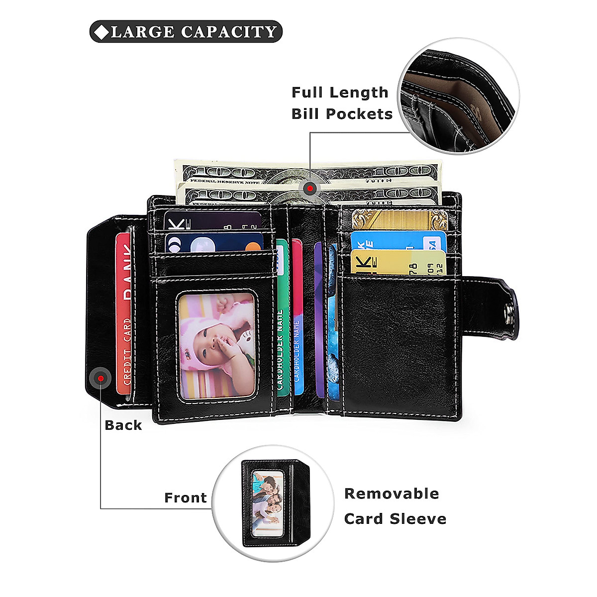 IamaCos Women Artificial Leather Wallets Compact Bifold Wallet RFID Blocking Card Holder Zipper Coin Purse 10 Card Slots 2 ID Windows Black