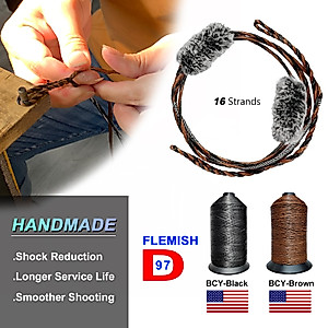 TACHYON ARCHERY Bow String Silencer Replacement for Traditional and Recurve Bow, Handmade Flemish D97 Bowstring with 1 Pair Rabbit Fur to Reduce Vibration and Noise 16 Strand 56-68 inches