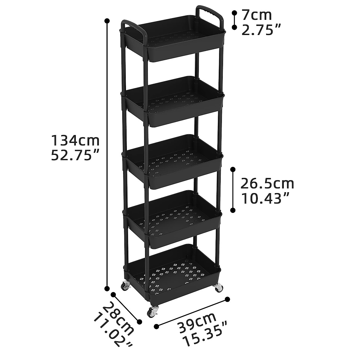 JIUYOTREE 5-Tier Rolling Storage Cart Utility Cart with Lockable Wheels for Living Room Bathroom Kitchen Office Black