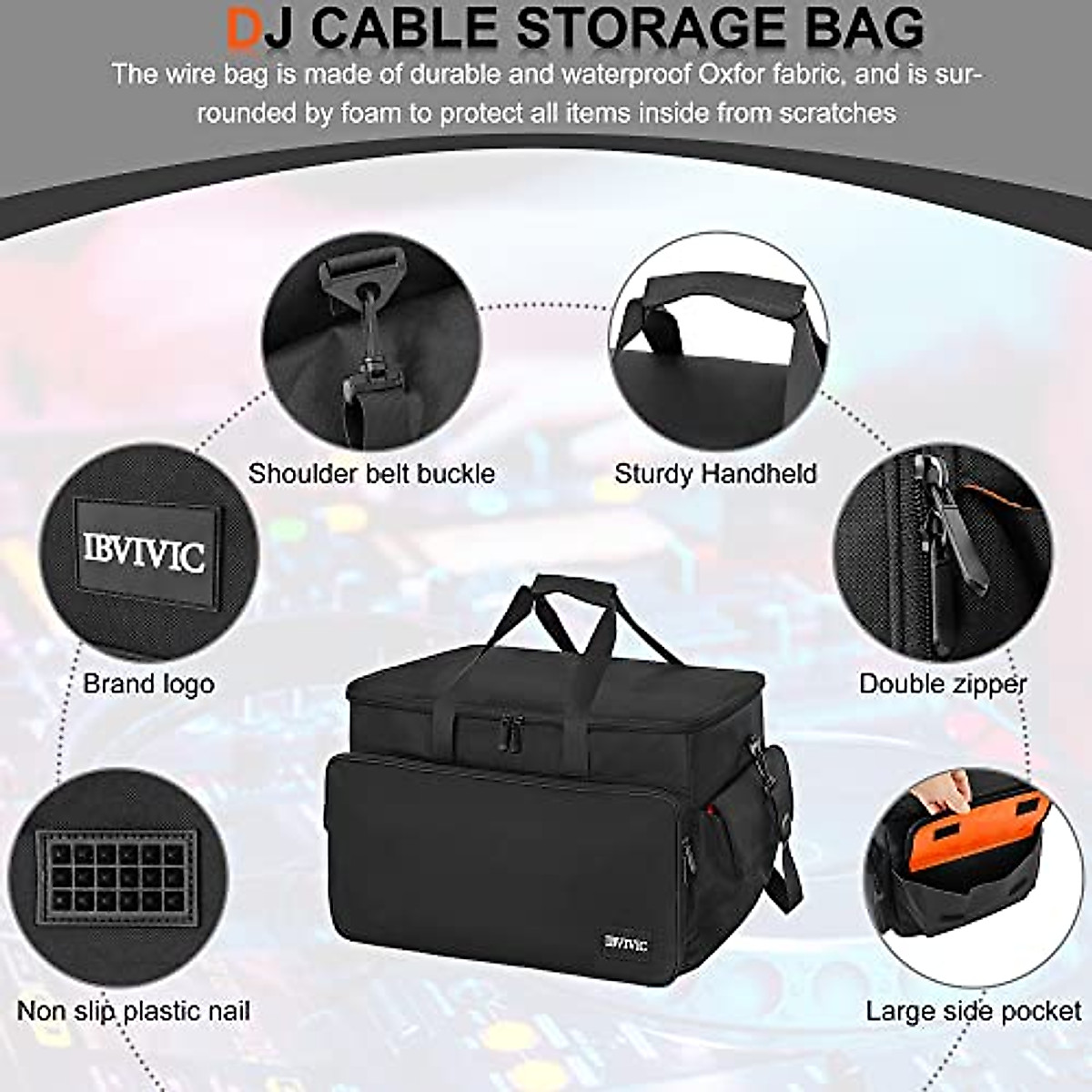 IBVIVIC High Capacity Gig Band Cable File Bag, 600D Oxford With with Adjustable Dividers and Double Separate Bags, for Cords, Sound Equipment, DJ Gear, Musician Accessories