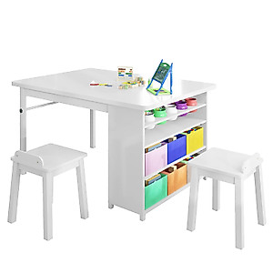Mjkone Kids Art Table and 2 Chairs,Wooden Kid Craft Desk,Drawing and Painting Table Sets for Chirldren,Preschool Toddler Learning Furniture with Paper Roller,White