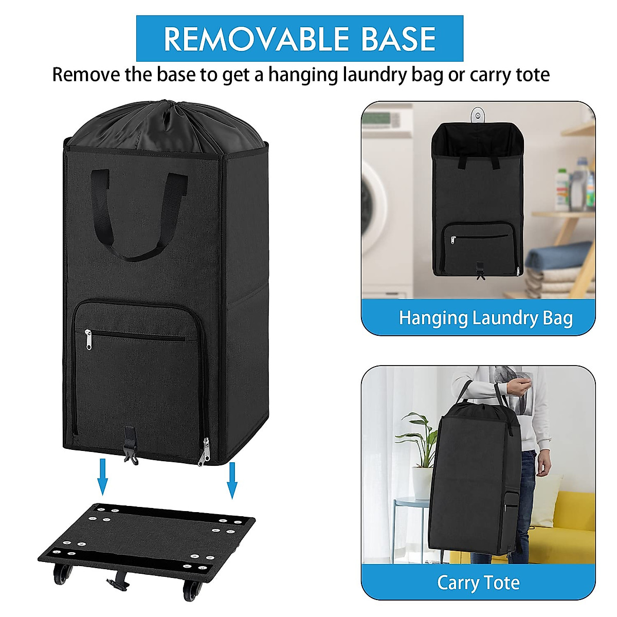 Bukere Laundry Hamper with Wheels, Large Rolling Laundry Basket with 4 Casters and 2 Handles, Collapsible Freestanding Wheeled Laundry Bag for Clothes, Laundry Room, Bathroom Midnight Grey