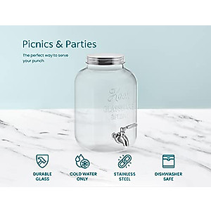 Kook Glass Drink Dispenser, with Leak-Proof Stainless Steel Spigot, Clear Mason Jar, Beverage Storage for Fridge, for Water, Iced Tea, Sangria, Lemonade, 1 Gallon (1, Silver)