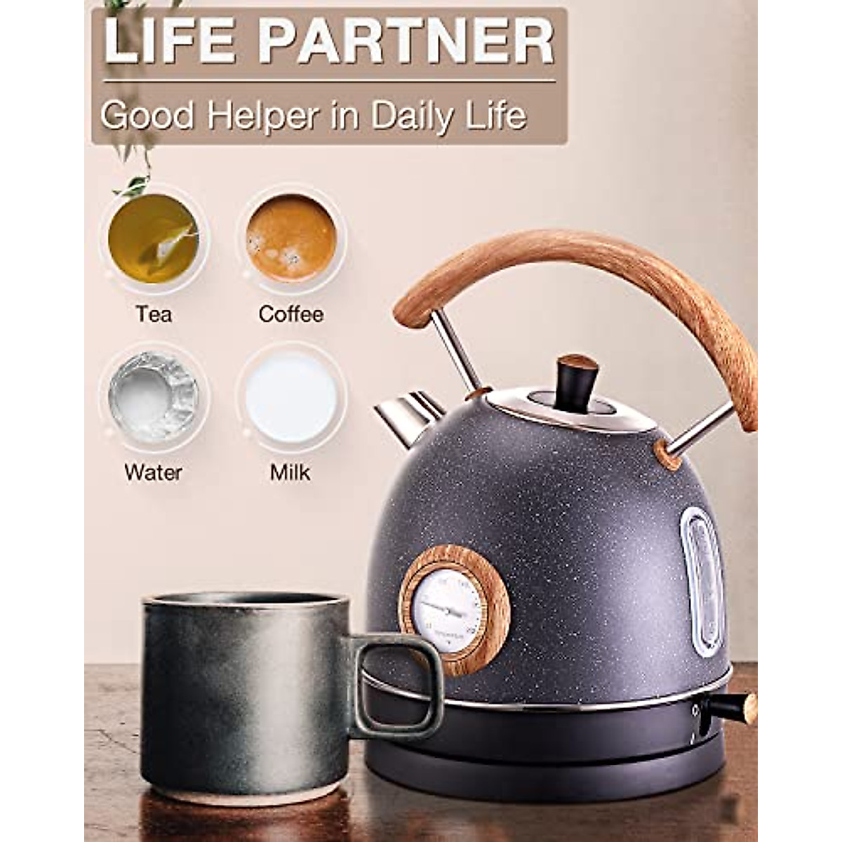 Electric Kettle - 1.7L Retro Tea Kettles for Boiling Water, Nature Stone Finish SMOLON Hot Water Boiler Teapot with Wood Pattern Handle, Food Grade Stainless Steel, Temperature Control, Auto Shut-off