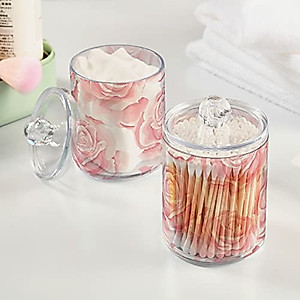 WELLDAY Apothecary Jars Bathroom Storage Organizer with Lid - 14 oz Qtip Holder Storage Canister, Pink Rose Flower Clear Plastic Jar for Cotton Swab, Cotton Ball, Floss Picks, Makeup Sponges,Hair Clip