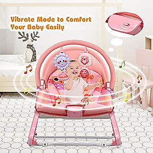 HONEY JOY Baby Rocker Chair, Newborn Bouncer Chair w/ Toy-Bar & Sound, Infant to Toddler Stationary Seating w/Fold-Out Kickstand, Vibration Calming & 3 Recline Positions, Bouncy Seat for Babies (Pink)