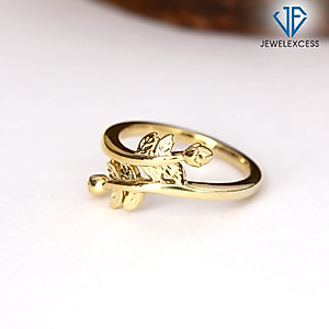 JEWELEXCESS 14K Gold over Silver Leaf Friendship Ring for Women | Dainty 14k Gold over Silver Promise Ring For Women | Stackable Silver Open Band Olive Branch Ring For Women