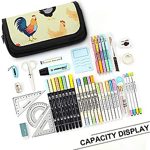 Rooster and Cock Pencil Case with Two Large Compartments Pocket Big Capacity Storage Pouch Pencil Bag for School Teen Adult