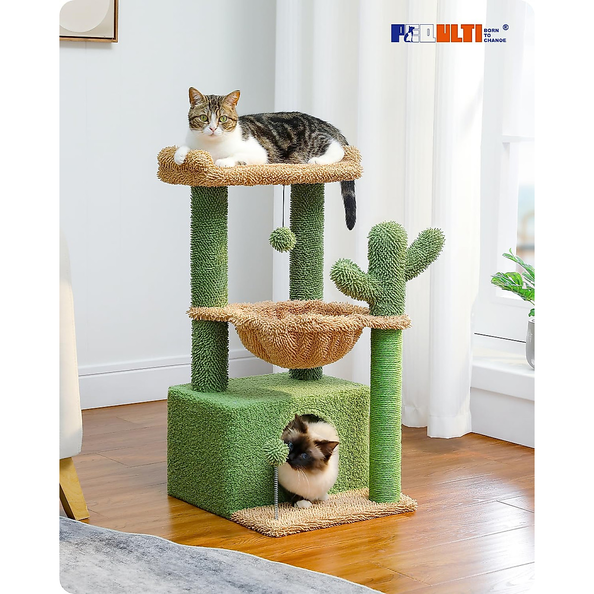 PEQULTI 4-in-1 Cactus Cat Tree, 33'' Cat Tower for Indoor Cats with Large Cat Condo, Cat Scratching Post for Cats with Deep Hammock& Cozy Top Perch,Green