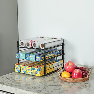 Upgraded Stackable Wrap Box Organizer Rack, 3-Tier Adjustable Foil Organizer Holder for Kitchen Countertop Pantry organization and storage-Under Sink Organizers and Storage Suitable,Black(2 Pack)