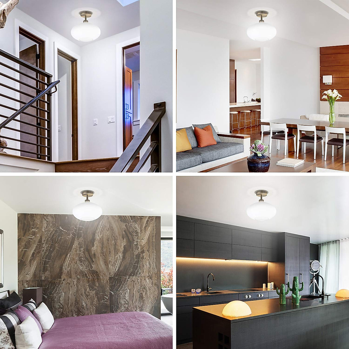 NW Archiology Semi Flush Mount, Modern Ceiling Light with Opaline Glass Shade&Brass Metal Base Layer, Light Fixture for Dining Room, Bedroom, Cafe, Bar, Hallway, Passway