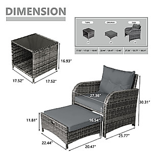 Auzfy Patio Chair with Ottomans and Table, 5 Piece PE Wicker Rattan Outdoor Patio Furniture Set, Space Saving Design Outdoor Chairs with Ottomans Set for Balcony Poolside Front Porch Deck, Grey