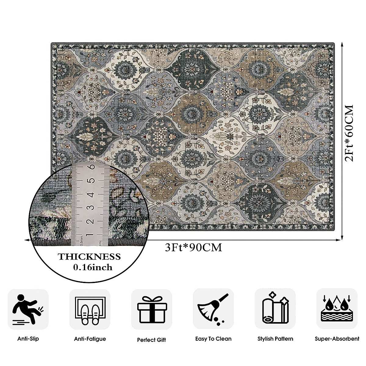 Lahome Moroccan Trellis Area Rug, 2x3 Entry Rug Non-Slip Washable Indoor Door Mat, Small Oriental Accent Throw Rug for Bedroom Kitchen Entryway Bathroom (Grey, 2x3ft)