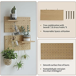 TORWOOD Wooden Pegboard Modular Display, Wall Panel Kit Grid Organizer with Shelves and Hooks, Storage Wall Hooks Shelf, Color: Oak - Comes with 2 Wall Hooks