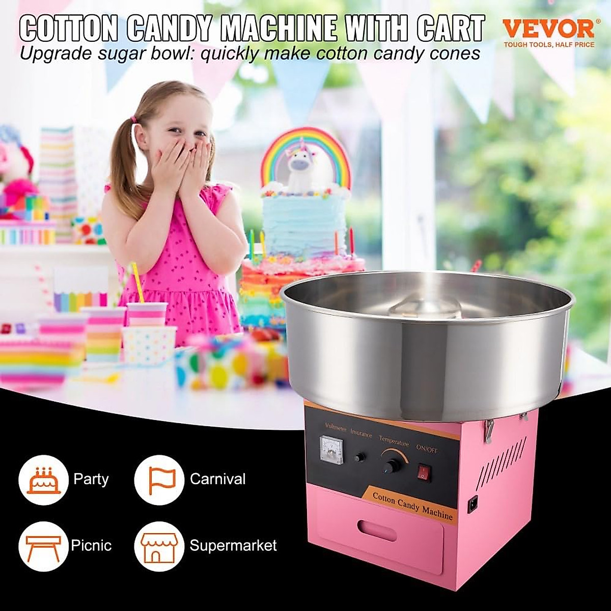 Pink Electric Cotton Candy Machine with Stainless Steel Bowl and Sugar Scoop - Perfect for Kids Birthday and Family Party - Candy Floss Maker