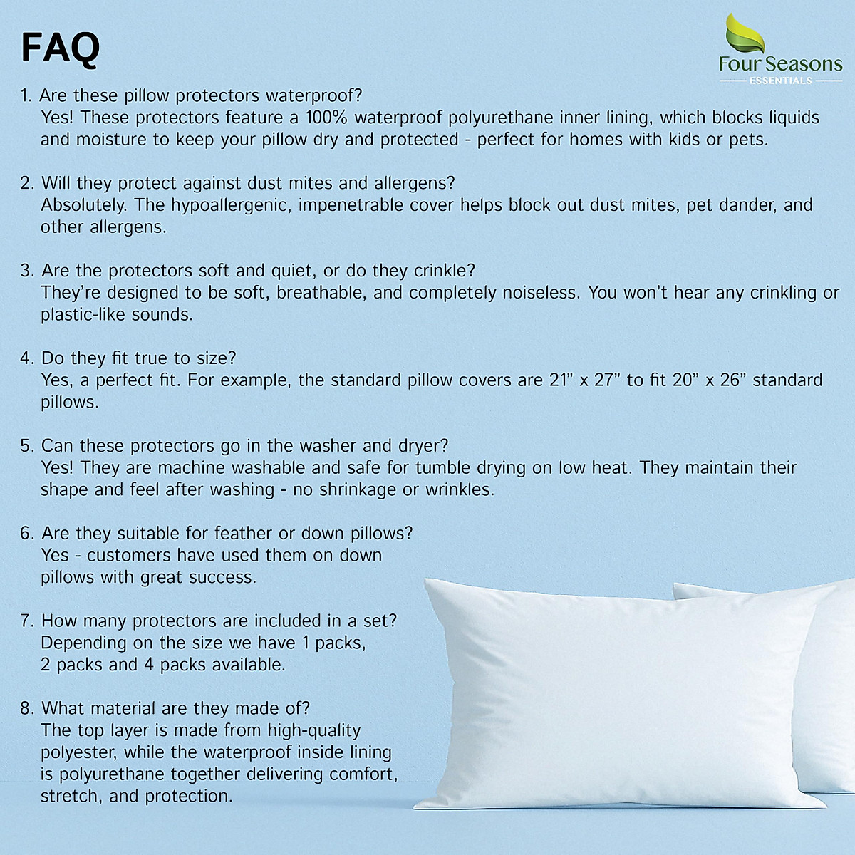 Four Seasons Essentials Standard Pillow Protectors (Set of 2) – Zippered Waterproof Pillow Covers Hypoallergenic Dust Proof Pillowcase Encasement Cover