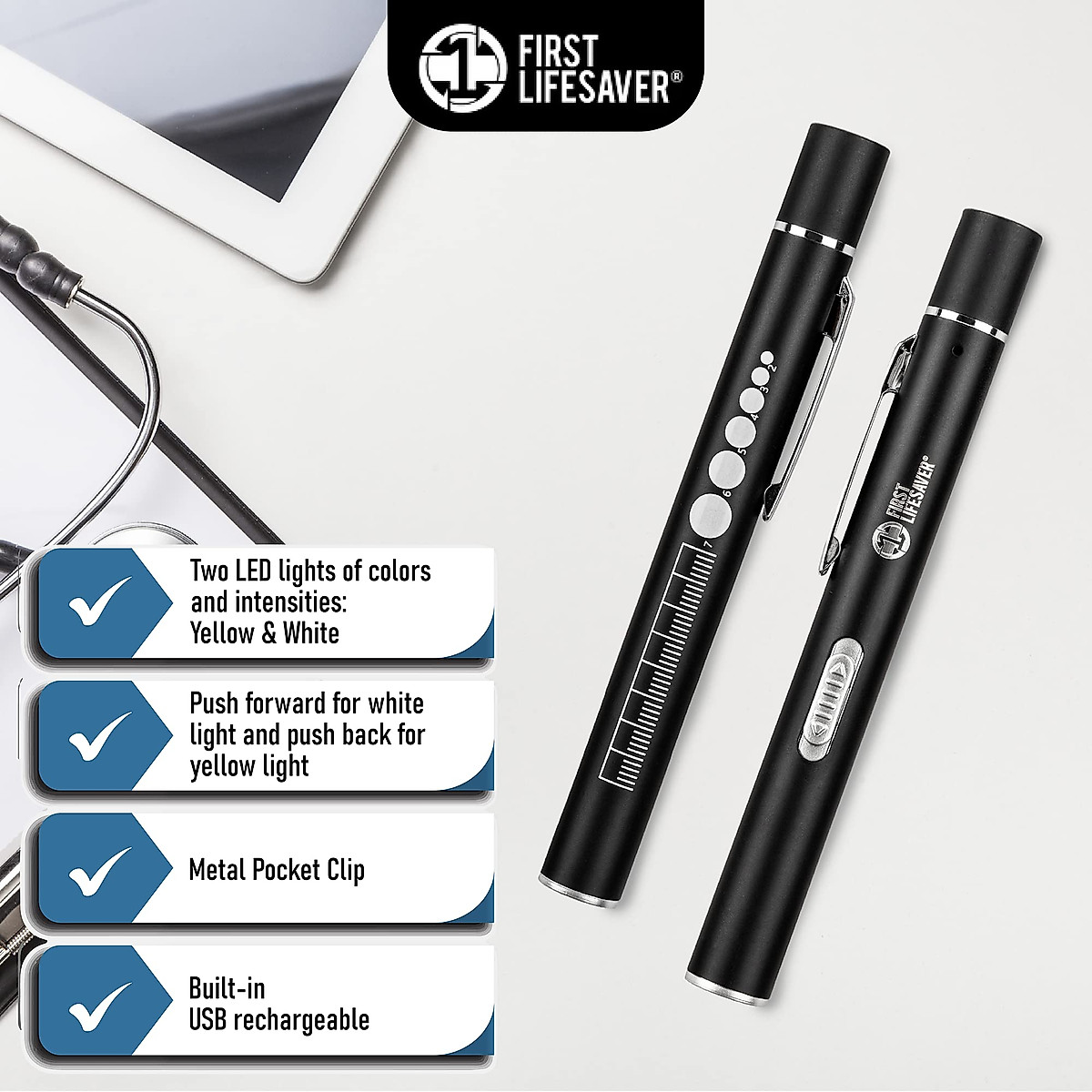First Lifesaver Dual Beam LED Penlight for Nurses, Doctors, and Medical Professionals, Check Pupil Response, Ear, Nose, and Throat, Slim USB Rechargeable Flashlight (2 Black)