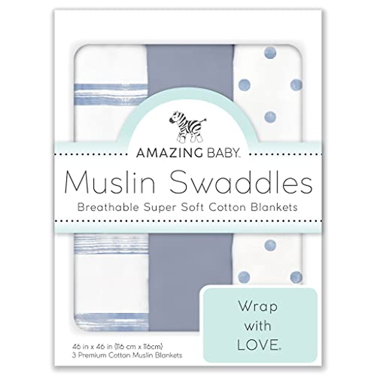 Amazing Baby Cotton Muslin Swaddle Blankets, Set of 3, Watercolor Brushstrokes, Denim, X-Large