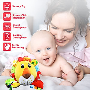 JERICETOY Baby Toy Plush Infant Toy with Musical Box Baby Carseat Toy Stroller Hanging Toy Development Toy with Rattles Crinkle Teether Magic Mirror, Stroller Clip-On Carseat Cot Crib Bed - Lion