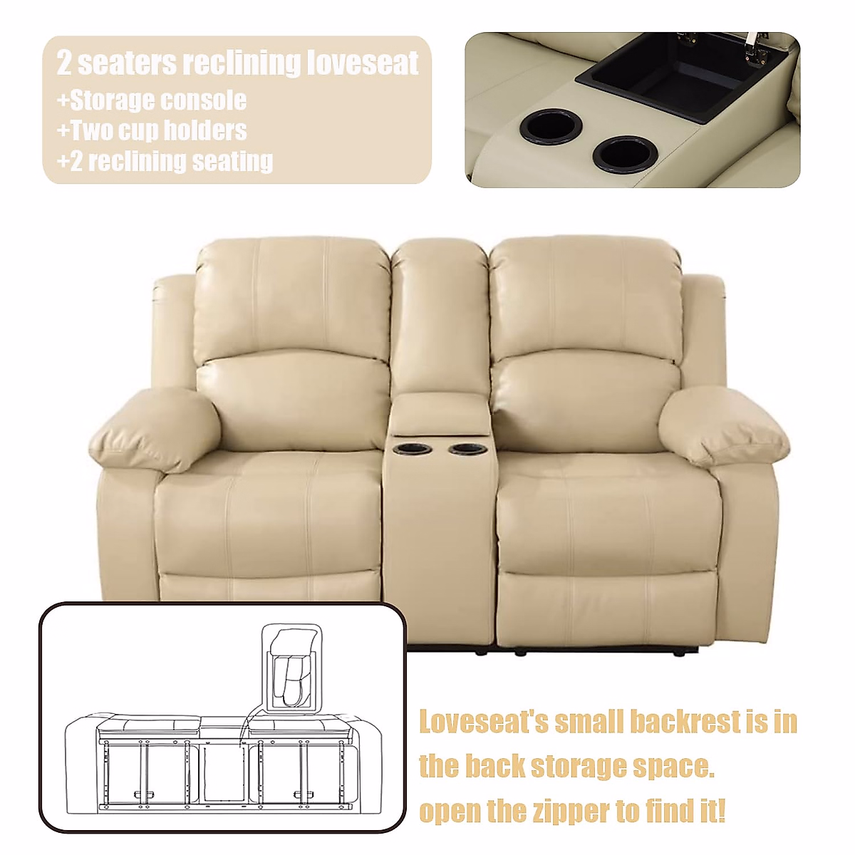 SIENWIEY Beige Leather Reclining Sofa Set for Living Room Set,Recliner Sofa and Loveseat Set/Recliner Sofa with Drop Down Table/Double Recliner Loveseat with Storage Console/Faux Leather