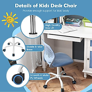 DORTALA Desk Chair for Teen, Kids Armless Swivel Small Cute Low-Back Mesh Office Chair Comfy with Adjustable Height, Lumbar Support, Ergonomic Computer Study Chair in Home Bedroom School, Blue